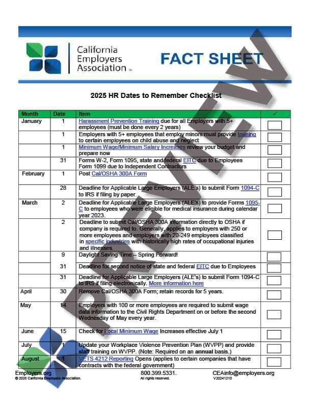 2026 Monthly HR Checklist - California Employers Association