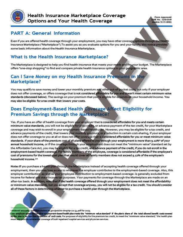 ACA Healthcare Notice - for employers who DO NOT offer health insurance ...