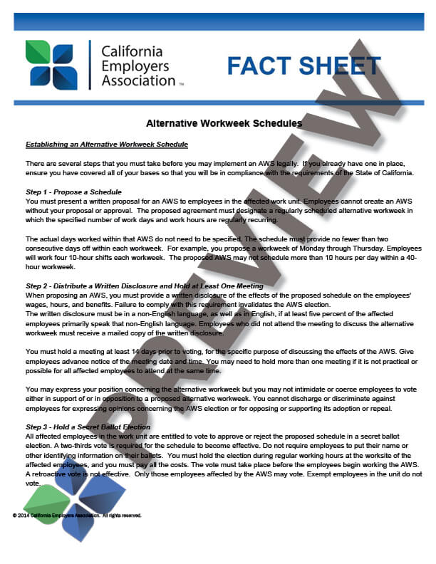 Alternative Workweek Schedules Fact Sheet - California Employers ...