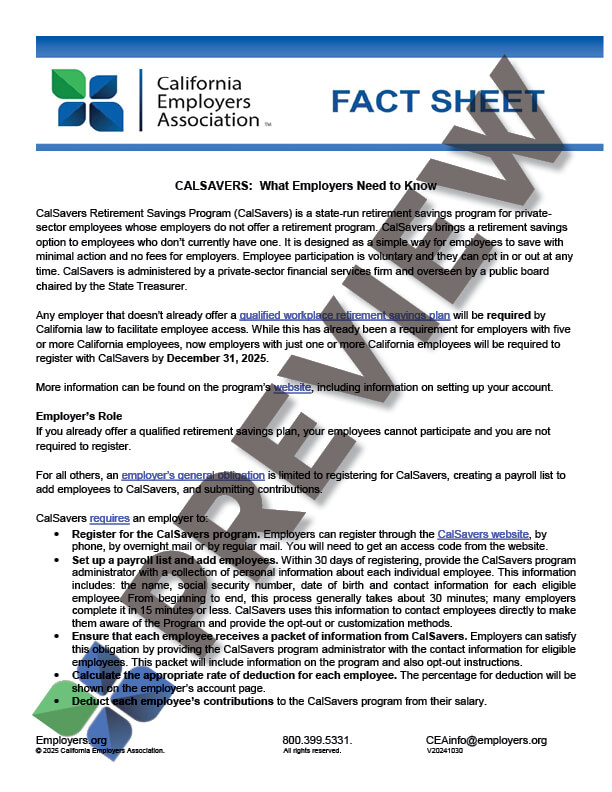 CalSavers Retirement Savings Program - Fact Sheet - California Employers Association