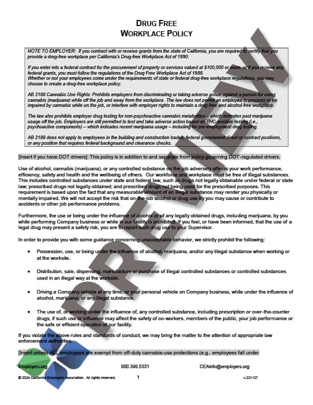 Drug Free Workplace Policy - California Employers Association