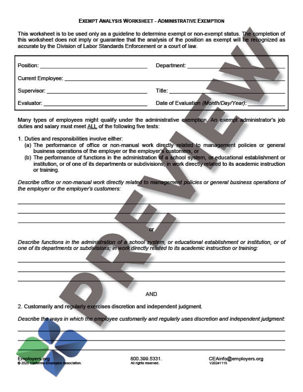 Exempt Analysis Worksheet - Administrative - California Employers ...
