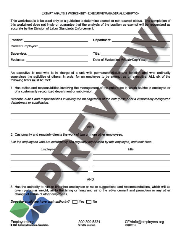 Exempt Analysis Worksheet - Executive/Managerial - California Employers ...
