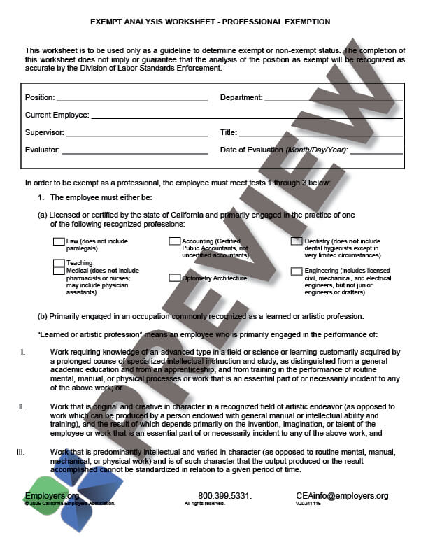 Exempt Analysis Worksheet - Professional Exemption - California ...