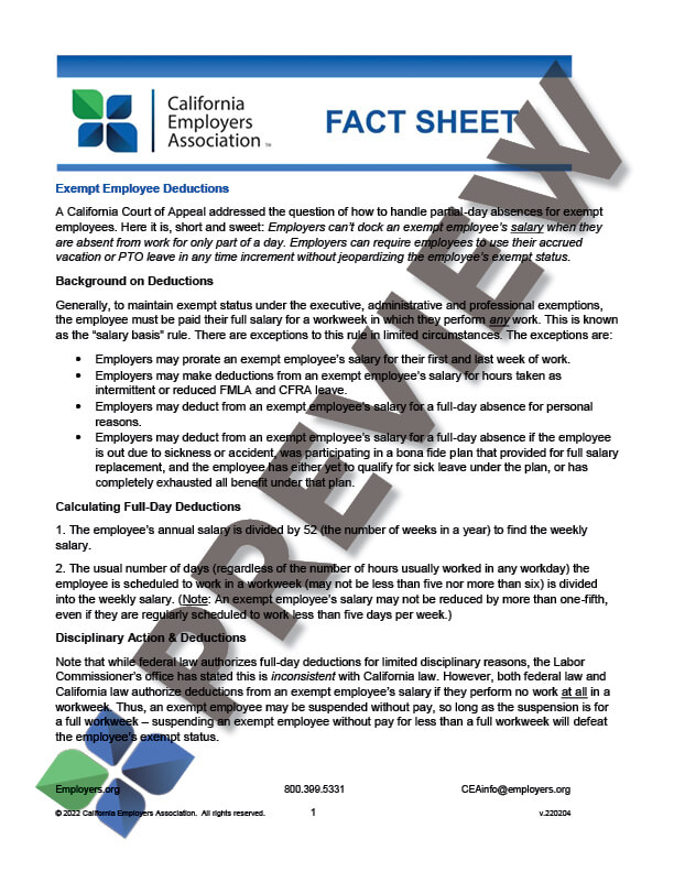 Exempt Employee Deductions Fact Sheet - California Employers Association