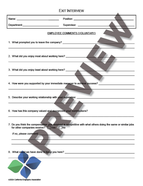 Exit Interview - Employee Written Questionnaire - California Employers ...