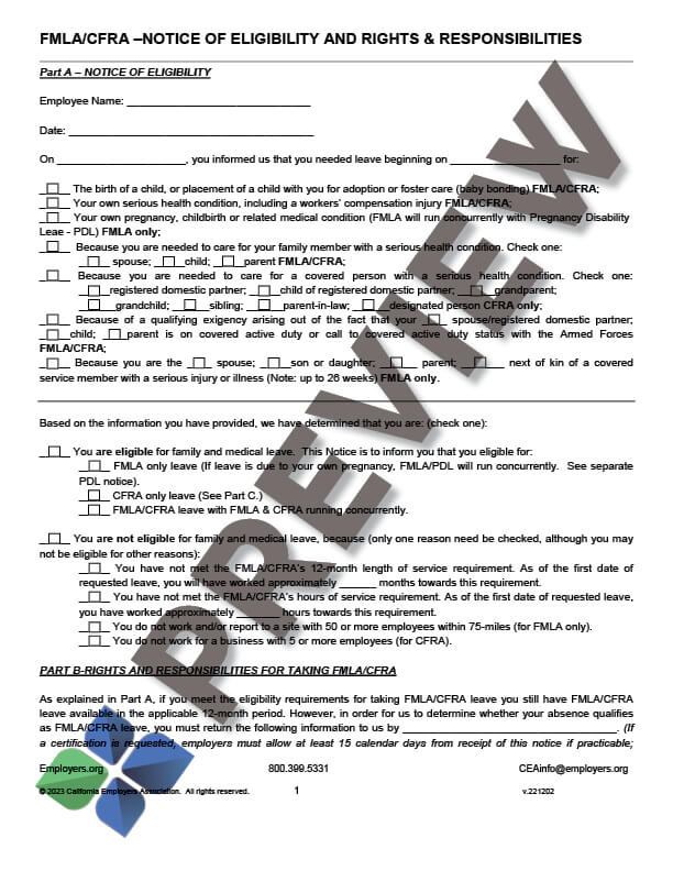 FMLA/CFRA Notice of Eligibility Rights & Responsibilities - California ...