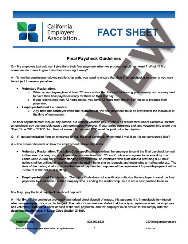 Final Pay - Fact Sheet - California Employers Association