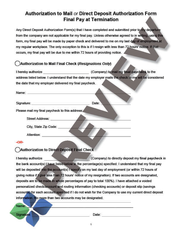 Final Pay Mail Check or Direct Deposit Form - California Employers ...