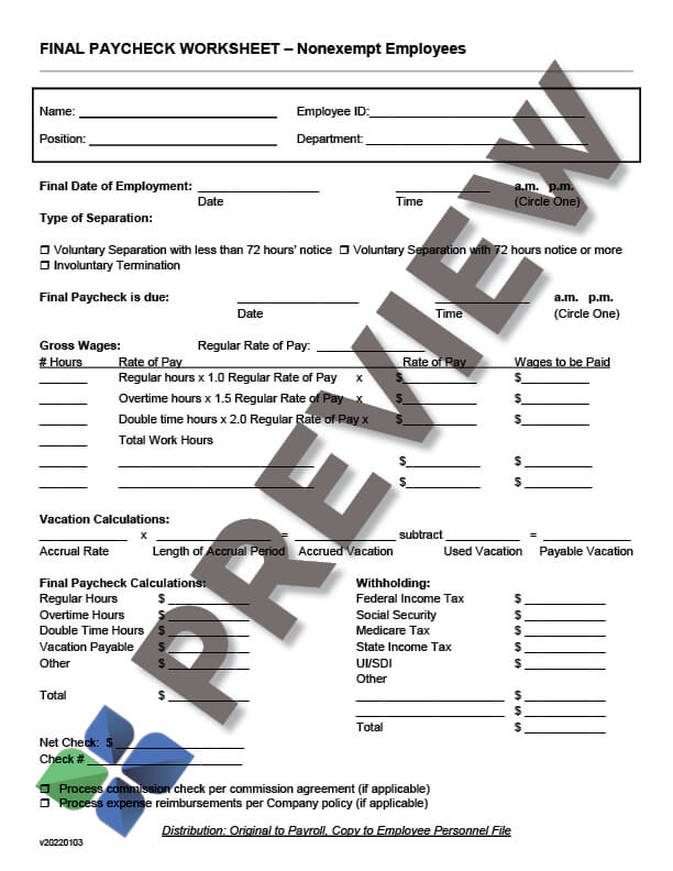 Final Paycheck Worksheet - Nonexempt Employees - California Employers ...