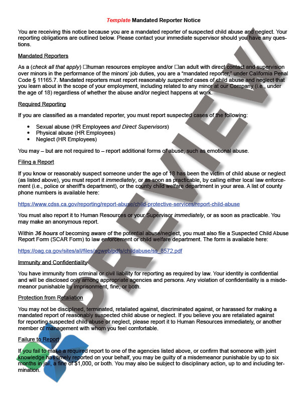 Mandated Reporter Notice to Employees Template - California Employers ...