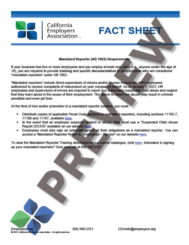 Mandated Reporter (AB 1963) Fact Sheet - California Employers Association