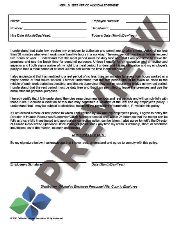 Meal and Rest Period Acknowledgement - California Employers Association
