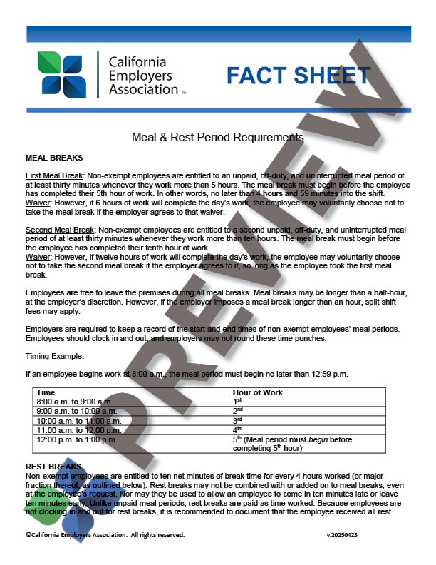 Meal Rest Periods Fact Sheet - California Employers Association