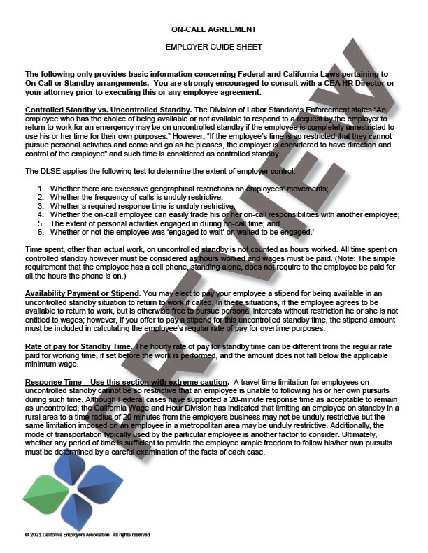 On Call Agreement - California Employers Association