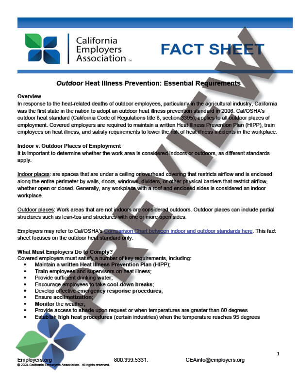 Heat Illness Fact Sheet - Outdoor - California Employers Association