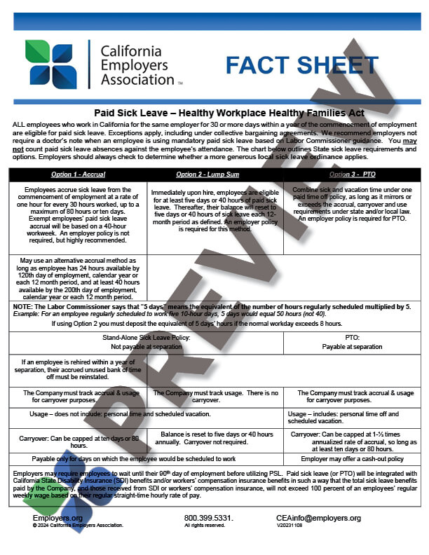 Paid Sick Leave in CA Fact Sheet - California Employers Association