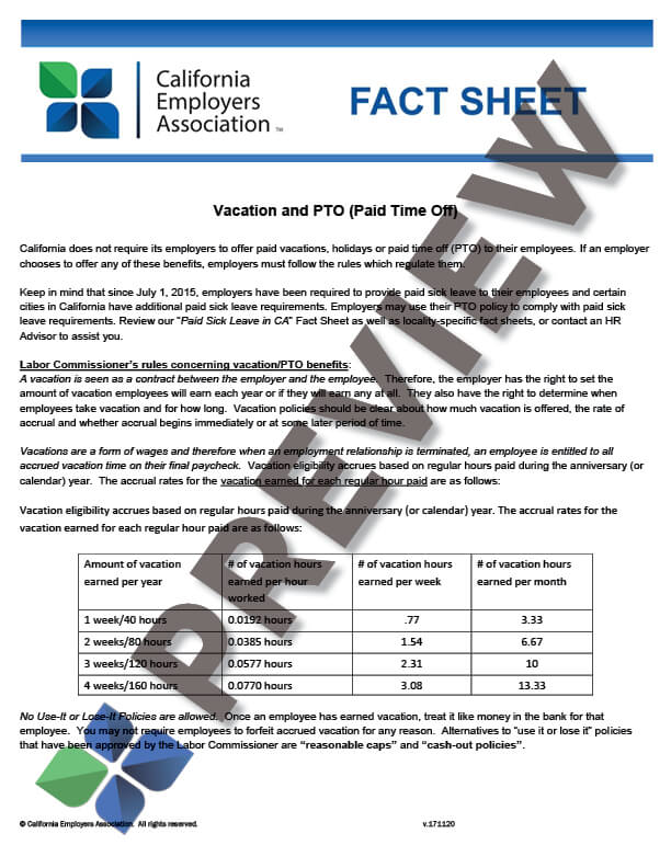 Paid Time Off Vacation - Fact Sheet - California Employers Association