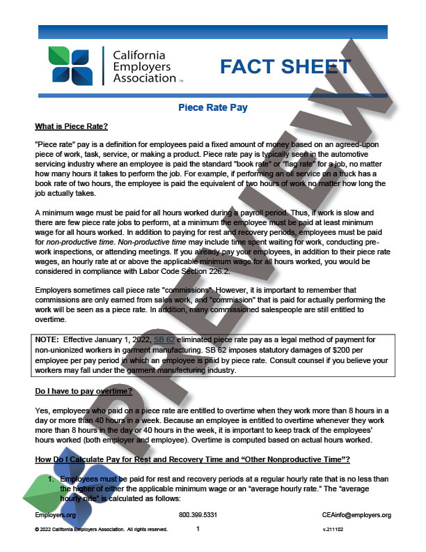 Piece Rate Pay Fact Sheet - California Employers Association