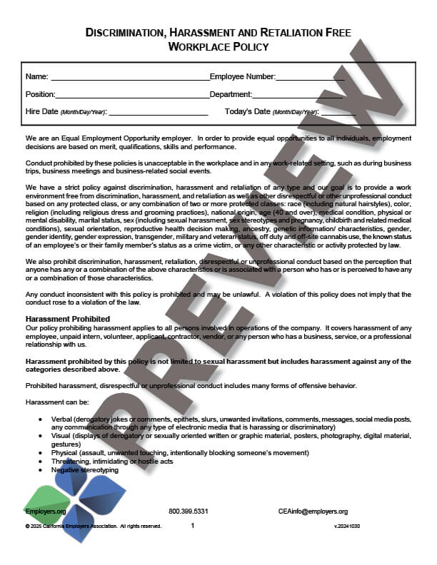 Policy Against Discrimination, Harassment & Retaliation - California ...