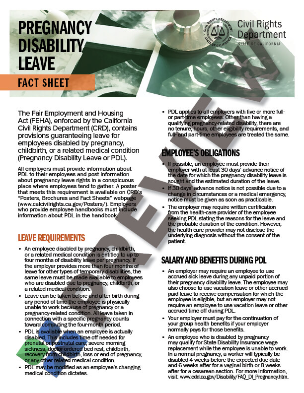Pregnancy Disability Leave (PDL) - Required Posting - California ...