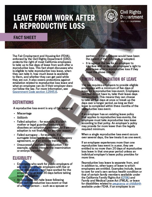 Reproductive Loss Leave Rights - Fact Sheet (CRD) - California ...