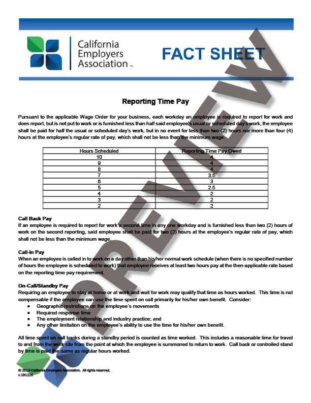 Reporting Time Pay Fact Sheet - California Employers Association