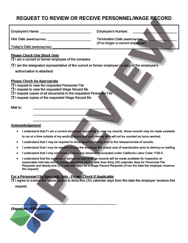 Request to Review or Receive Personnel or Wage File - California ...