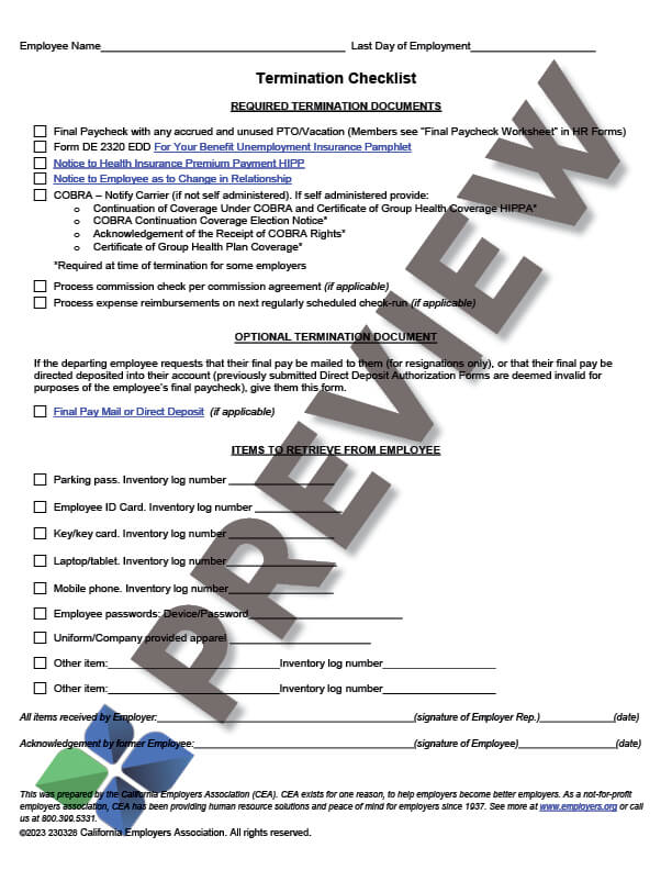 Termination Checklist - California Employers Association
