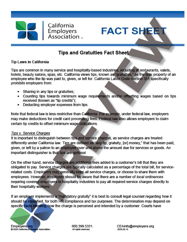 Tips and Gratuities Fact Sheet - California Employers Association
