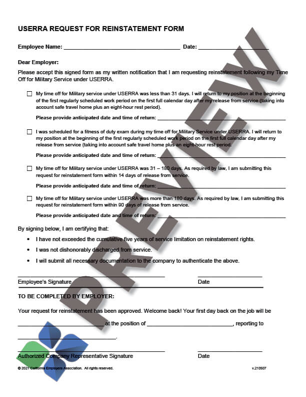 USERRA Request for Reinstatement - California Employers Association