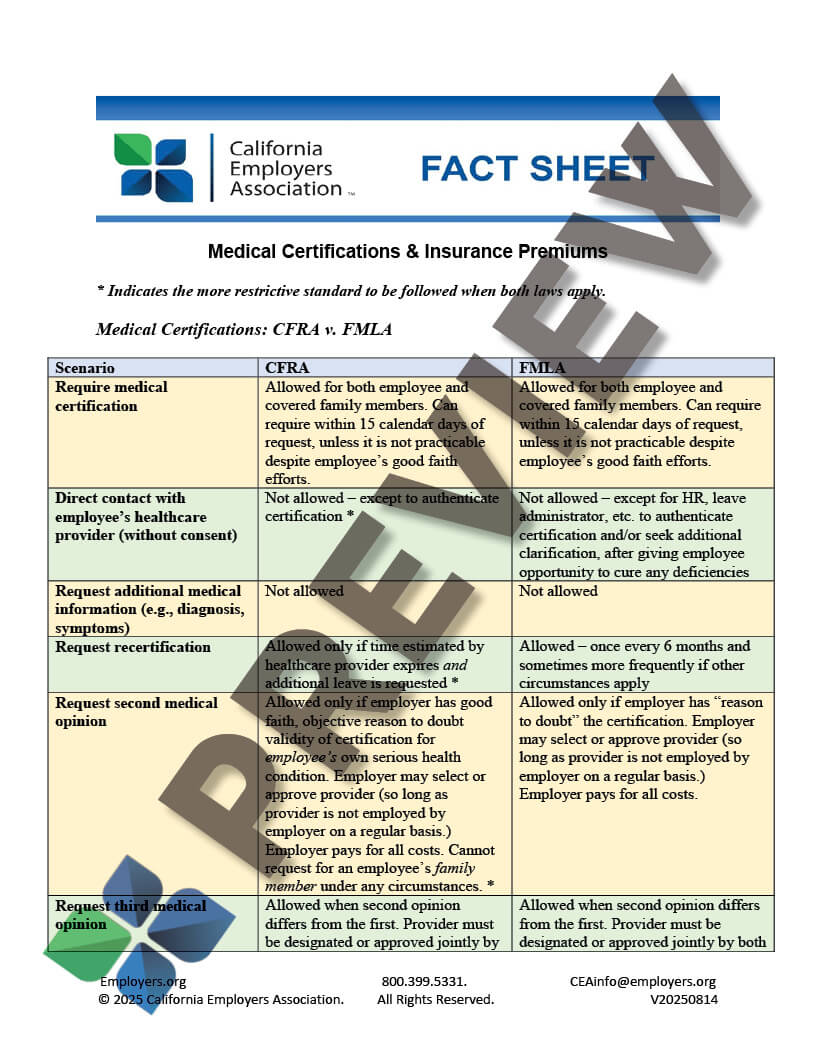 CFRA vs. FMLA Medical Certifications & Insurance Premiums Fact Sheet ...